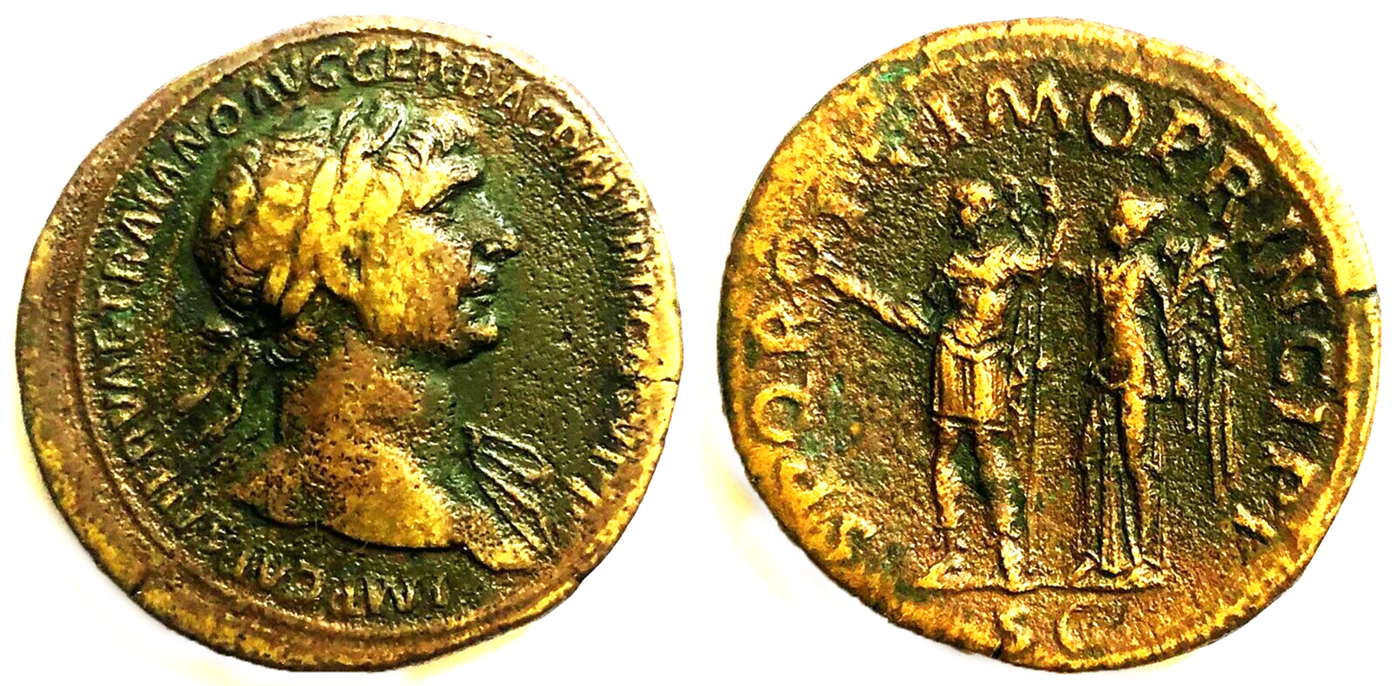 TRAJAN Æ Sestertius. AD 107. Rome. Victory Crowning Emperor - Ancient ...
