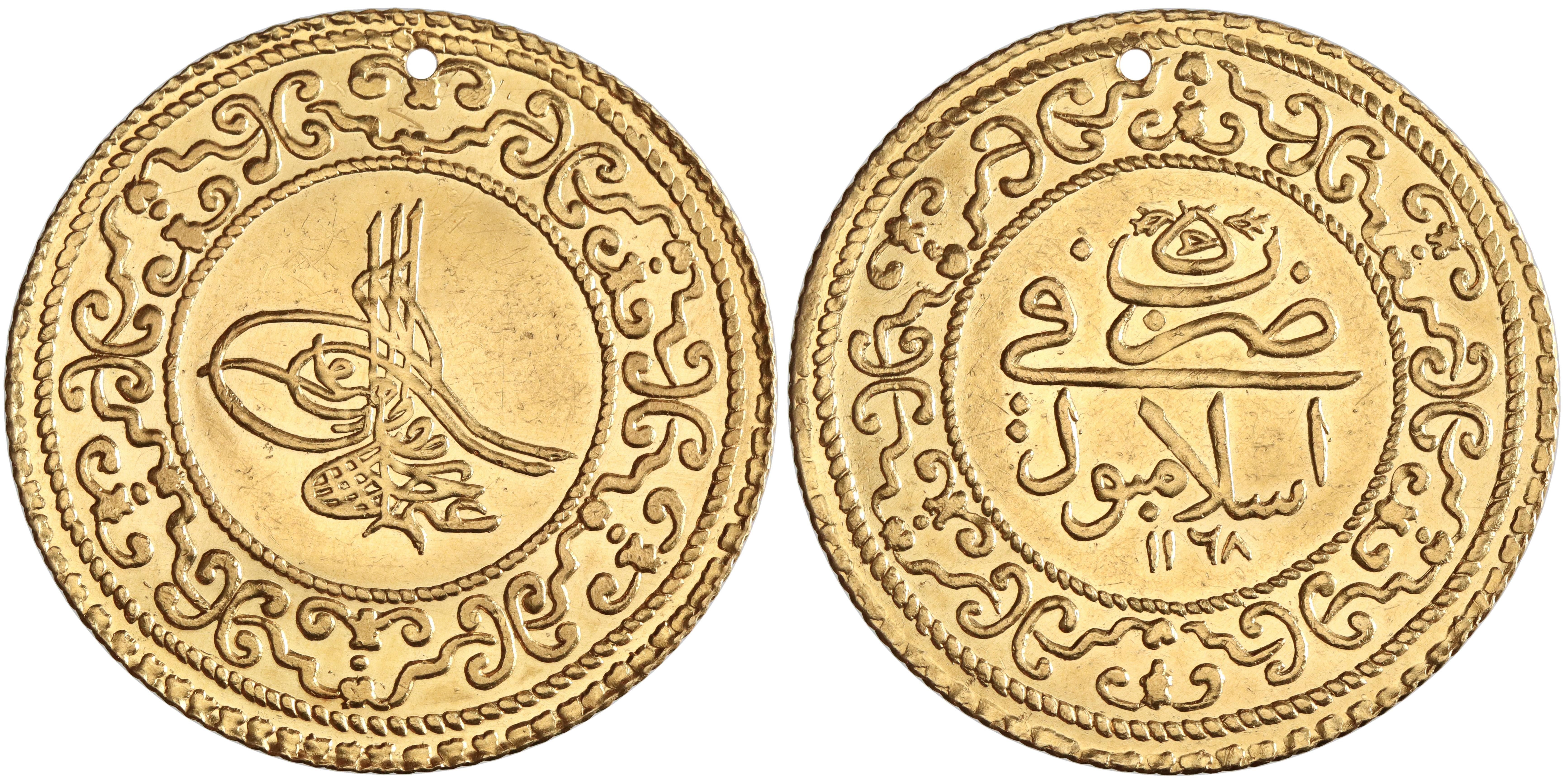 Ottoman, Osman III, gold 3 altin, Islambul (Istanbul) mint, AH 1168 ...