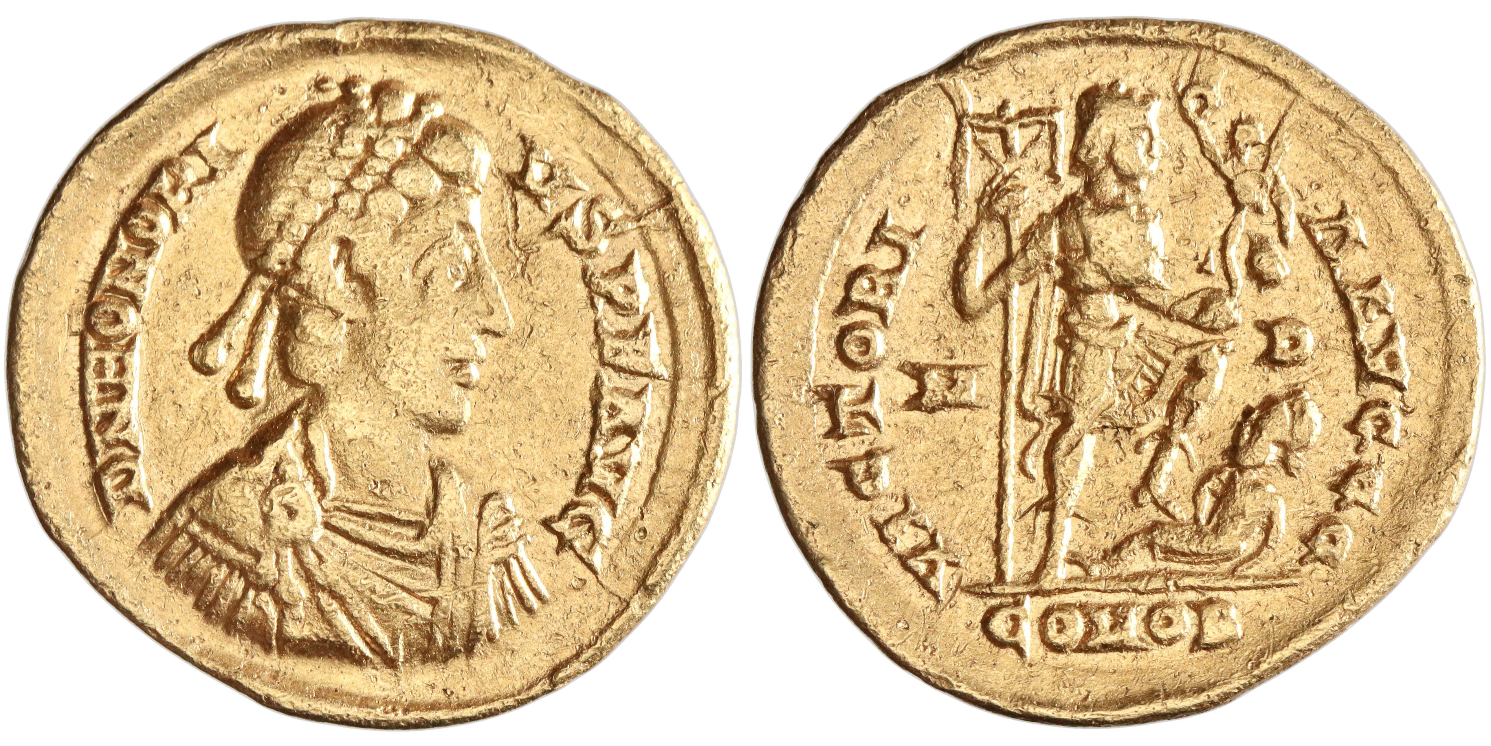 Roman Empire, Honorius, gold solidus, Mediolanum (Milan) mint, 393-423 CE, bust of emperor ...