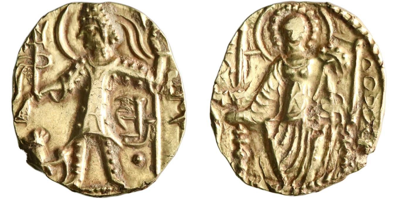 Kushan, Shaka, gold dinar, 305-335 CE, king standing, offering ...