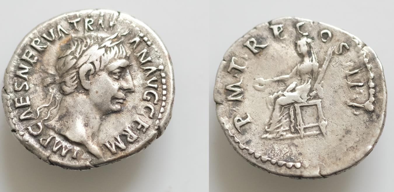 Trajan (98-117 AD), AR 18mm Denarius, 3.3g, 98-111AD Vesta seated left ...