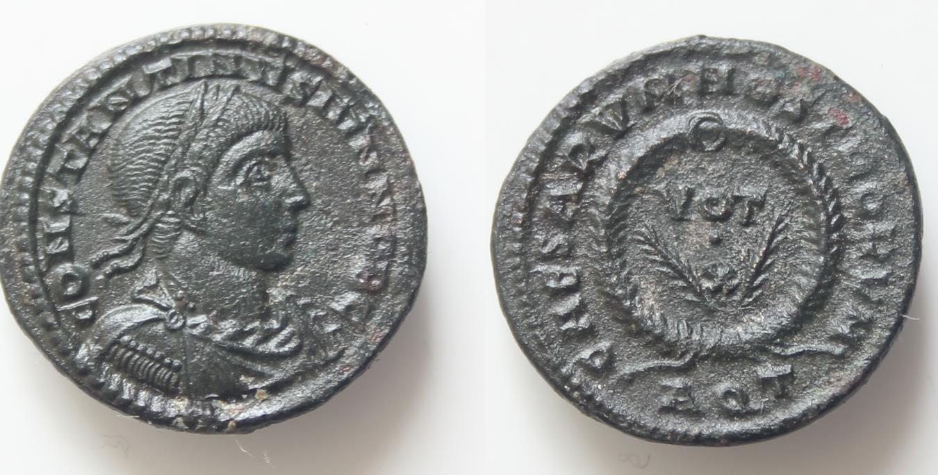 Constantine II Aquileia, 321 AD. Æ19mm follis, 2,8g. CONSTANTINUS IUN ...