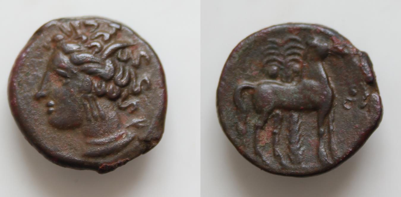CARTHAGE. Circa 400-350 BC. AE Bronze, 15mm, 2,6g. Head of Tanit to ...