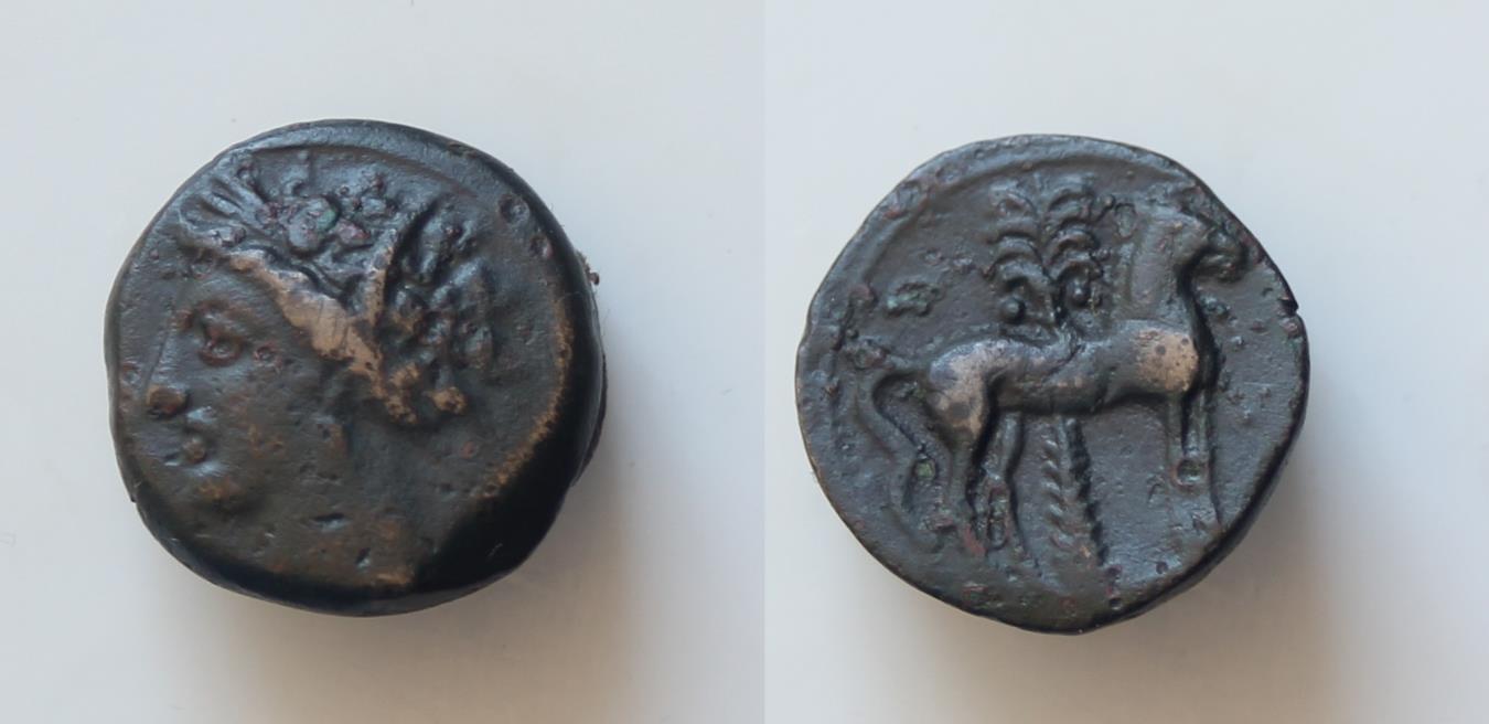 Carthage. 400-350 B.C. AE16mm, 3g, Head of Tanit left, wreathed with ...