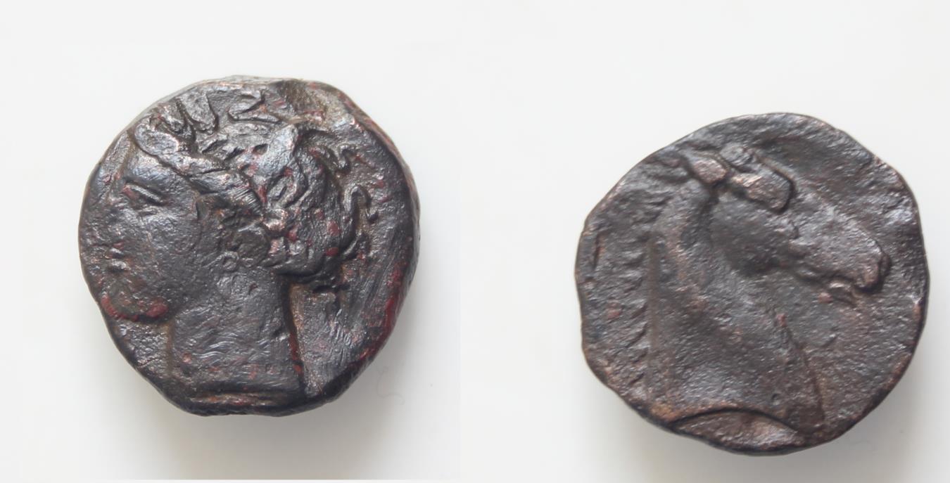 CARTHAGE. Shekel (Circa 300-264 BC).: Wreathed head of Tanit left. Head ...