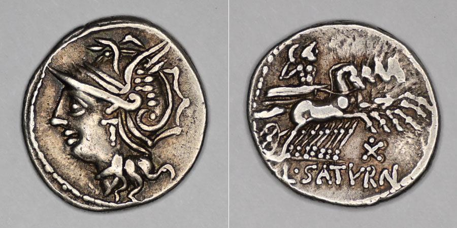 L. Appuleius Saturninus, 104 BC. Denarius. Saturn on reverse. RRC 317/3b