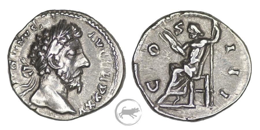 Marcus Aurelius denarius. Jupiter holding thunderbolt. RIC III 227