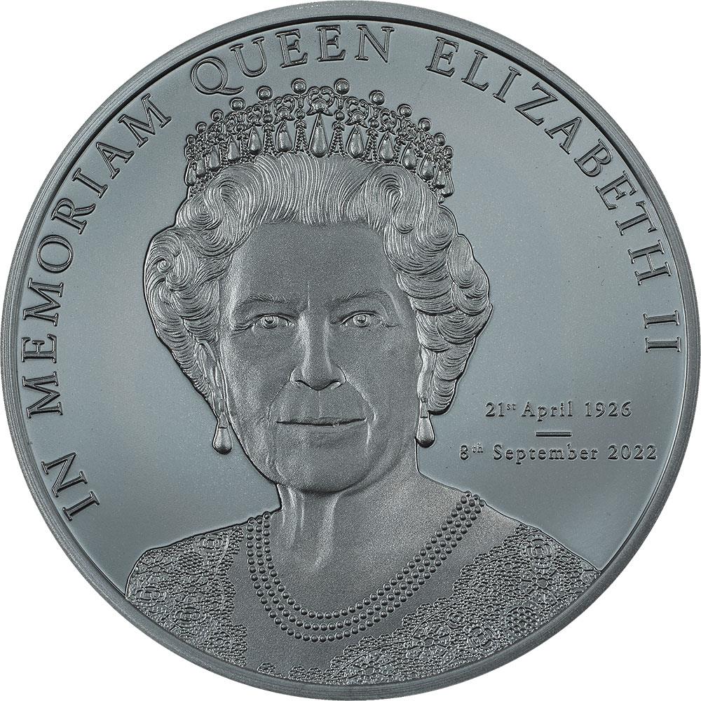 IN MEMORIAM QUEEN ELIZABETH II Black Proof 1 Oz Silver Coin 5$ Cook ...