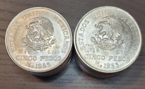 Lot of 21 Mexico Silver 5 Pesos Hidalgo (1953) VF Avg Circ.