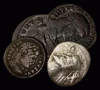Lot of 4 coins 3 Roman AE Coins & 1 PARTHIA AR Drachm. F-VF. Sold as is.