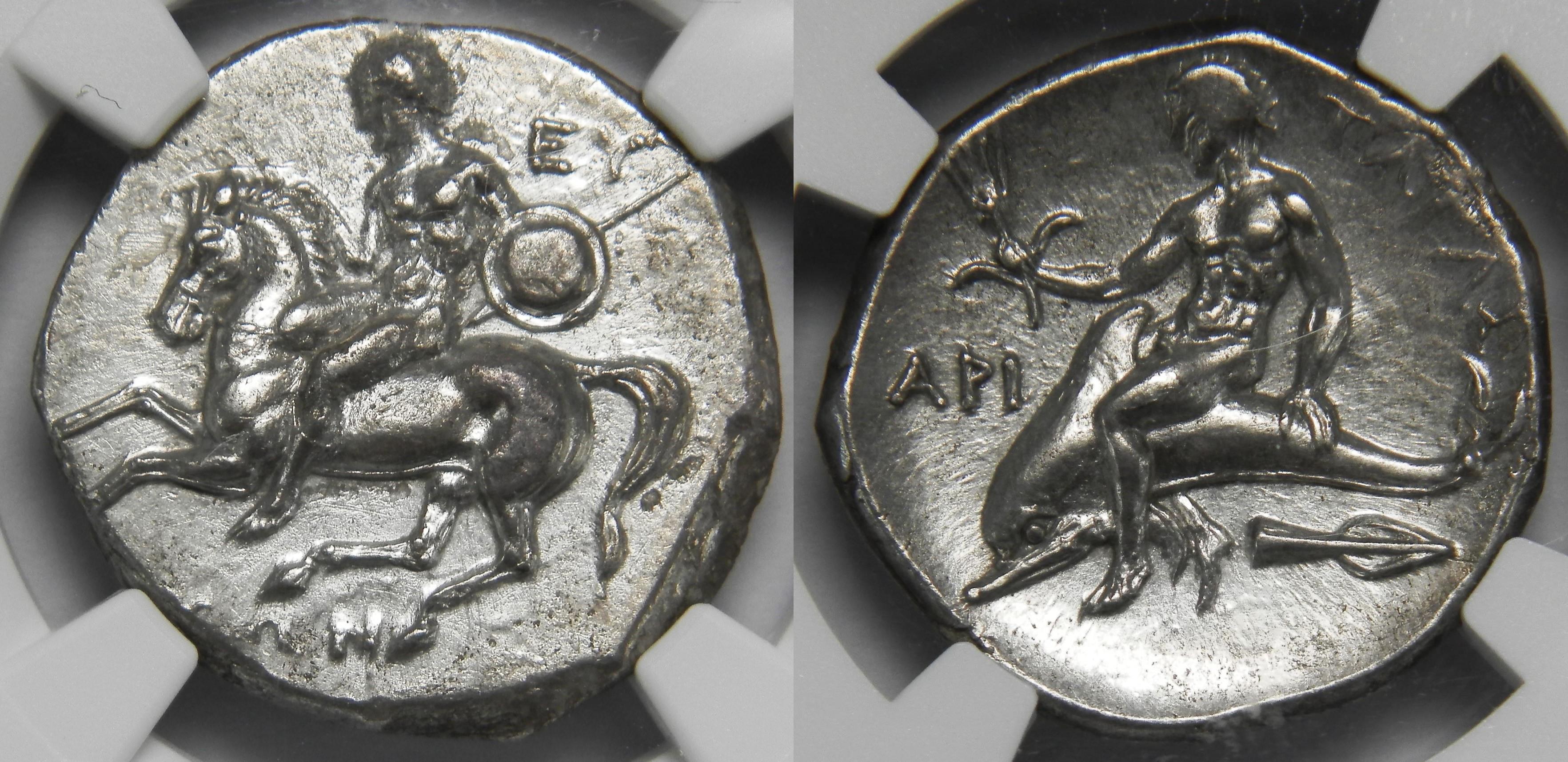 Calabria Tarentum AR Nomos circa 280 BC [NGC Ch AU] | Greek Coins