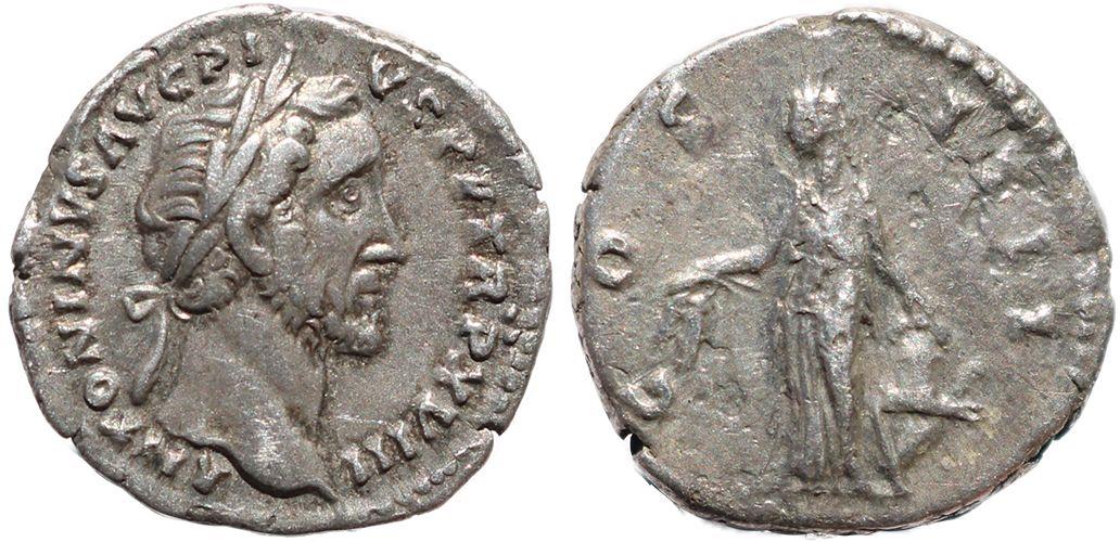 Ancient Roman coin of Antoninus Pius AR silver denarius - COS IIII