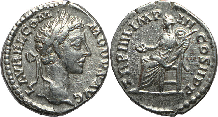 Roman coin of Commodus AR silver denarius - TR P IIII IMP III COS II P P