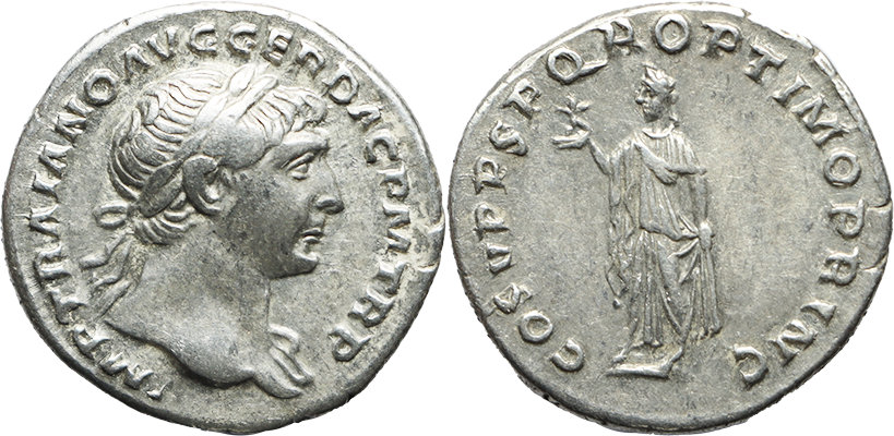 Roman silver coin of the Emperor Trajan - COS V PP SPQR OPTIMO PRINC