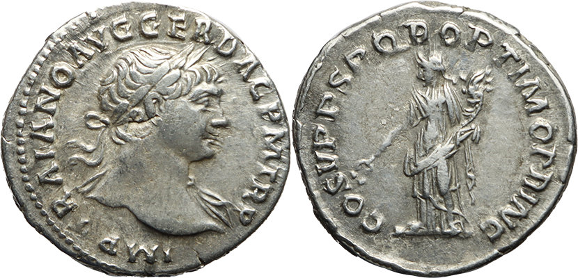 Ancient Roman silver coin of Trajan - COS V PP SPQR OPTIMO PRINC