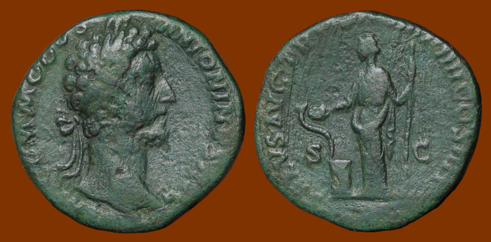 Sestertius of Commodus, Salus Standing. Rare Type in Nice Grade.