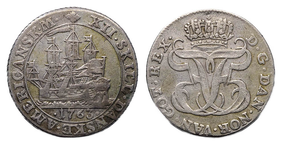 Danish West Indies: Rare Frederik V, 1746-1766, AR 12 skilling, 1763 ...