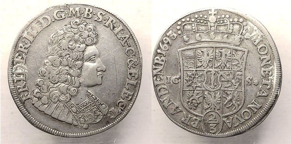 German States, Brandenburg-Preussen: 2/3 Taler / 1 Gulden silver 1693 - VF