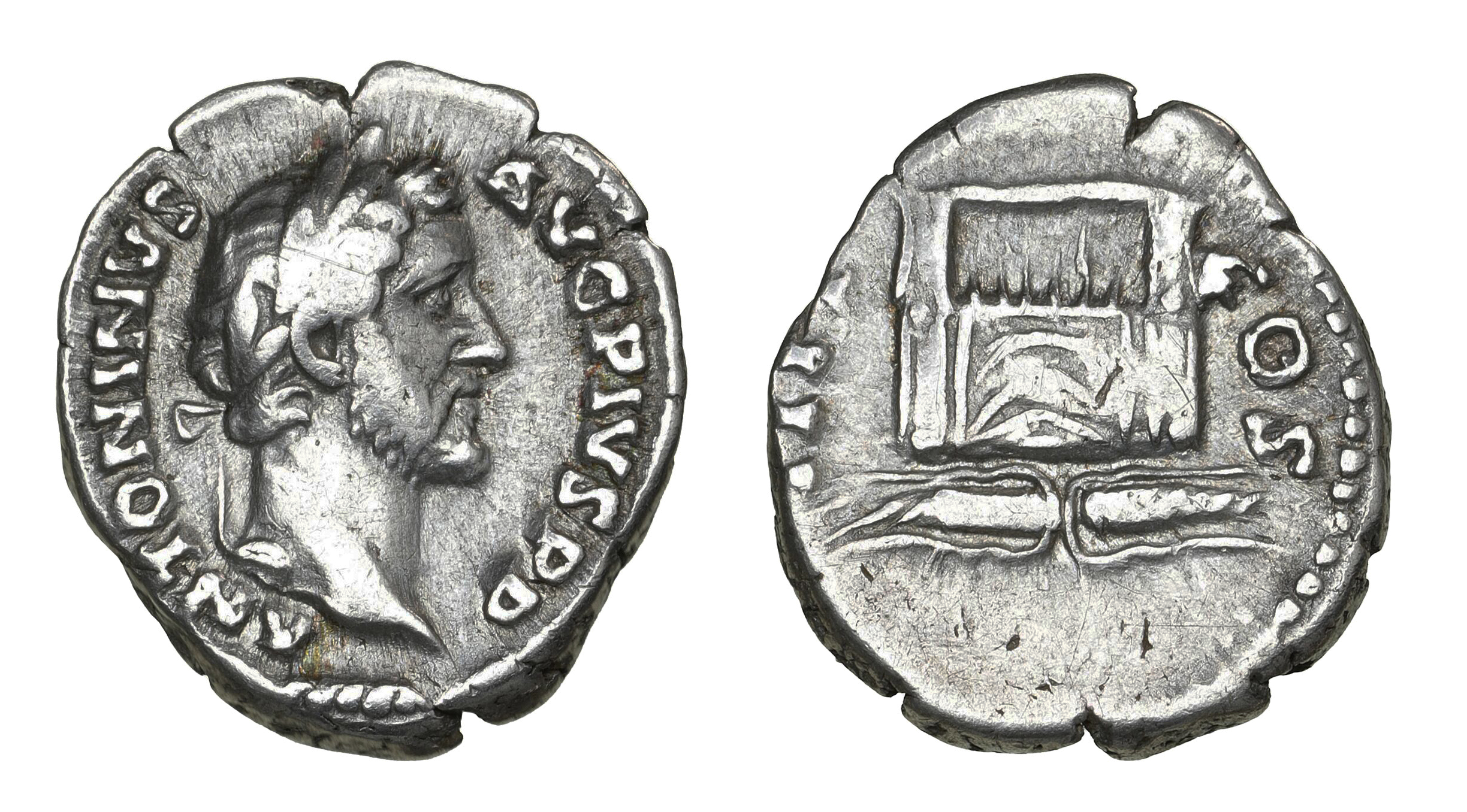 Roman Imperial: Scarce Antoninus Pius silver denarius w thunderbolt