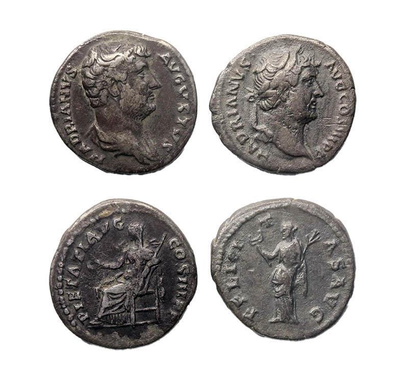 Roman Imperial: Pair of nice Hadrian AR silver denarius coins, both toned