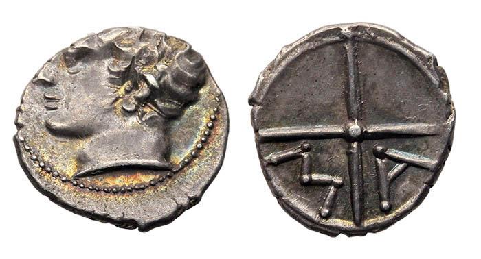 Superb Greek Massalia (Marseilles) silver Obol with Irridescent patina!