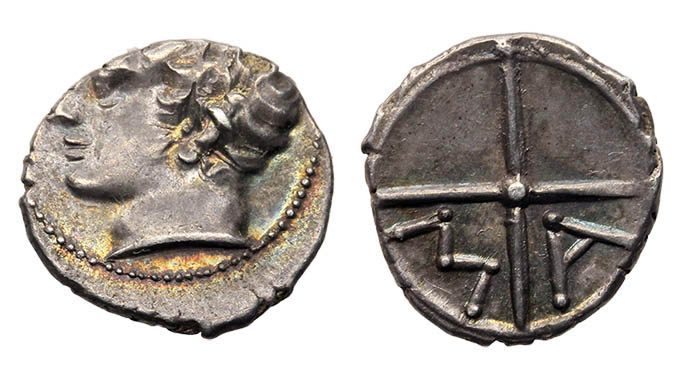 Superb Greek Massalia (Marseilles) silver Obol with Irridescent patina!