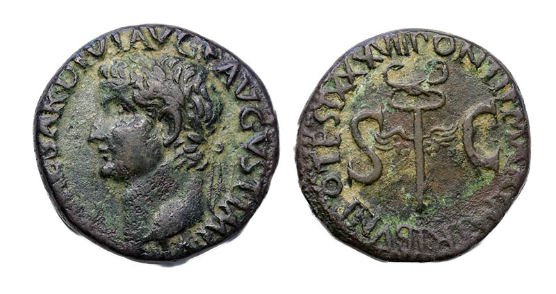 Roman Imperial: High grade Tiberius Æ As with winged caduceus