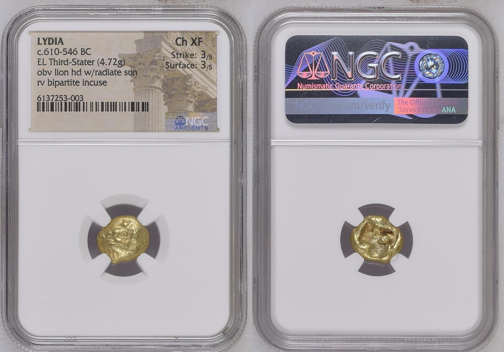 LYDIA EL Third-Stater c.610-546 BC NGC Ch XF Strike: 3/5 Surface: 3/5