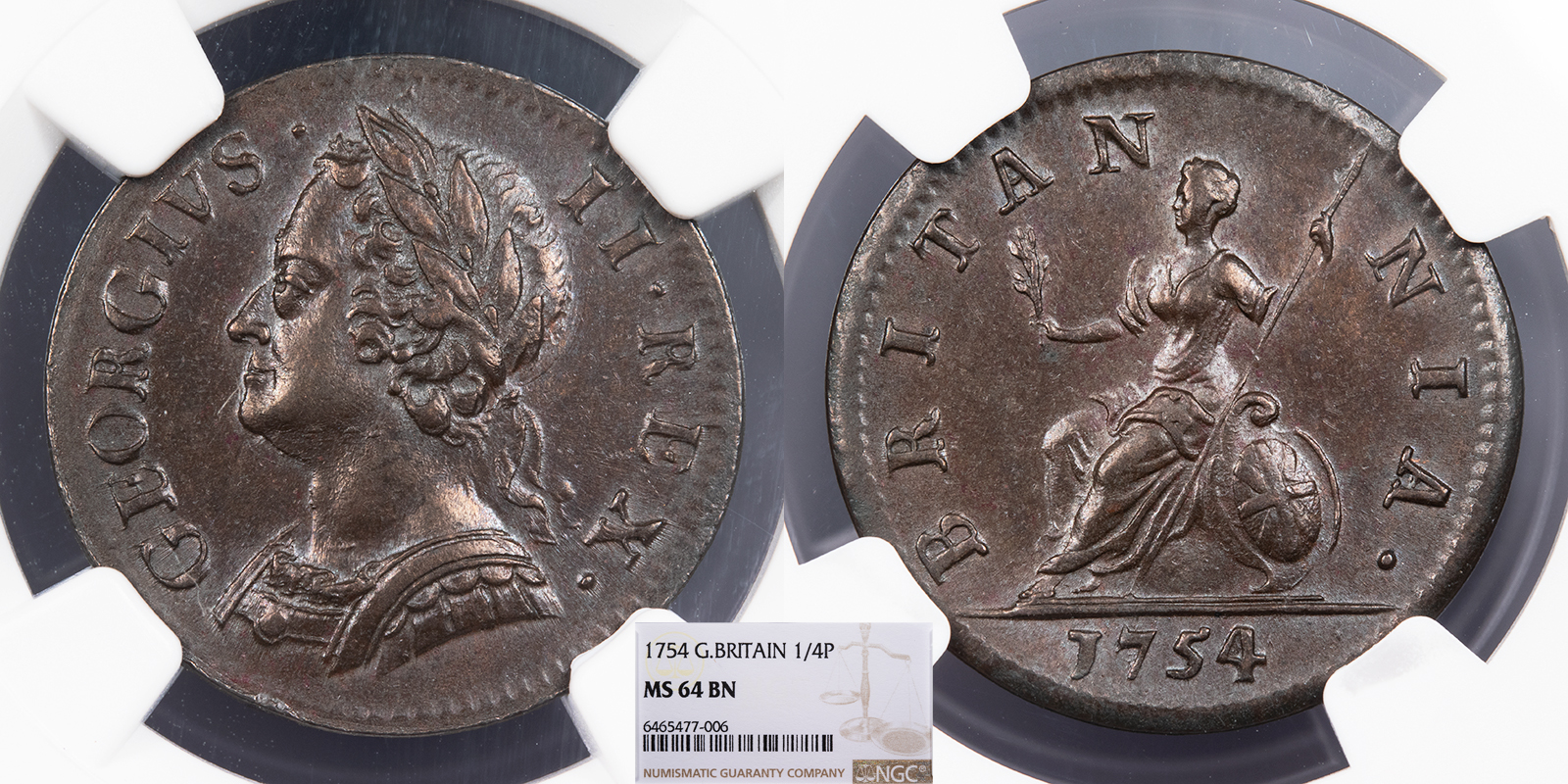 GREAT BRITAIN George II 1754 Farthing NGC MS-64 BN | European Coins