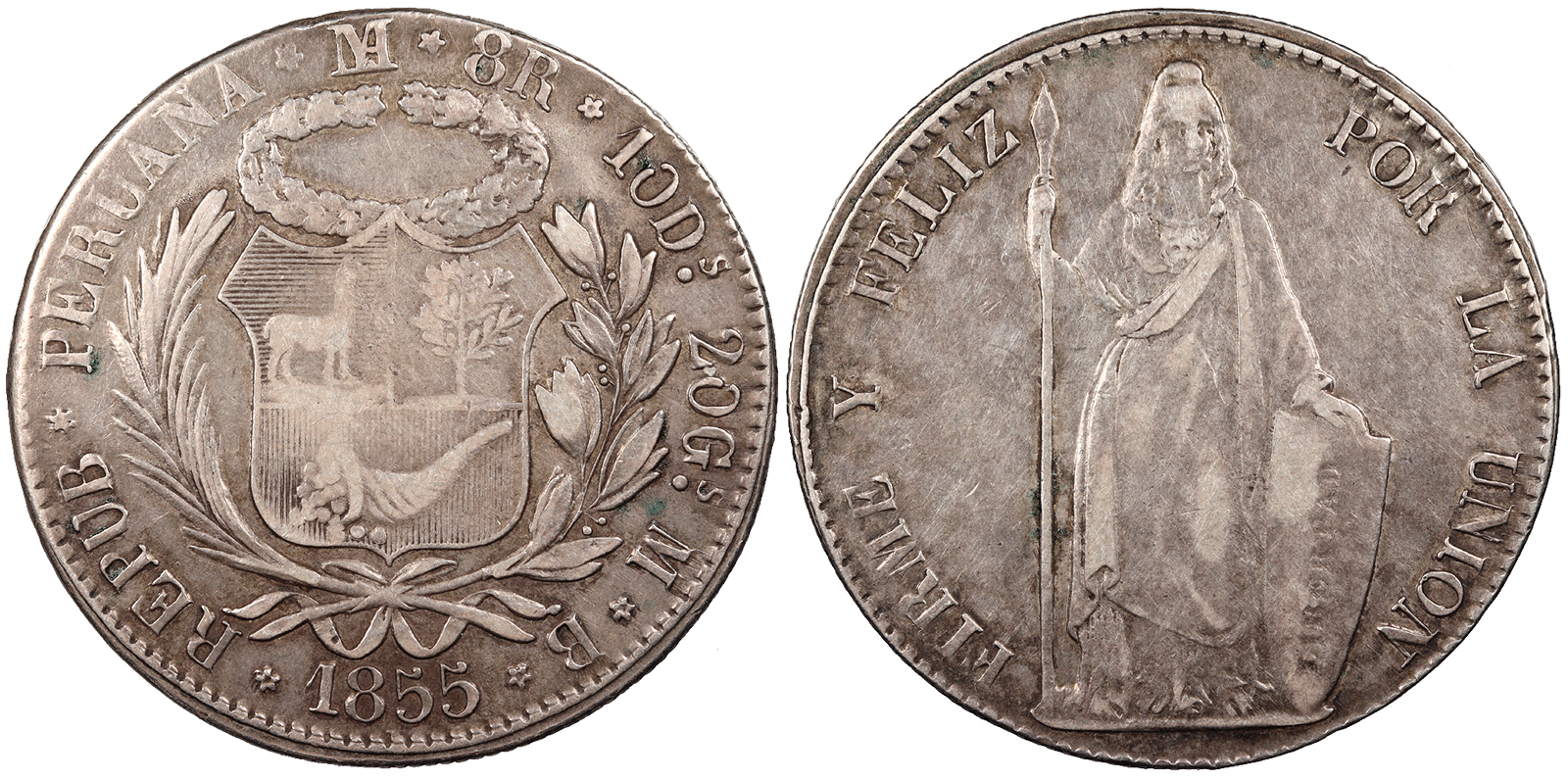 PERU 1855-LIMAE MB 8 Reales Good VF | South American Coins