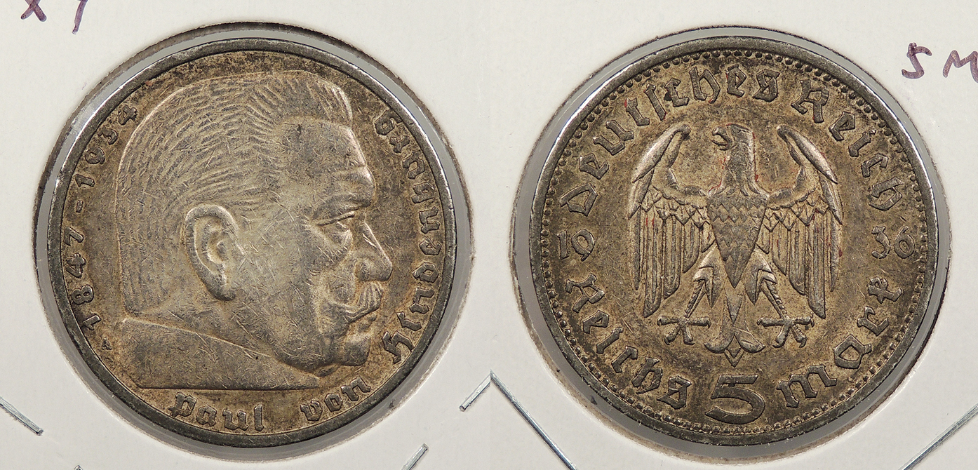 GERMANY: 1936-A Hindenburg 5 Mark | European Coins