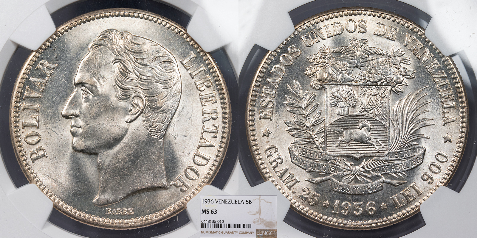 VENEZUELA 1936 5 Bolivares NGC MS-63 | South American Coins