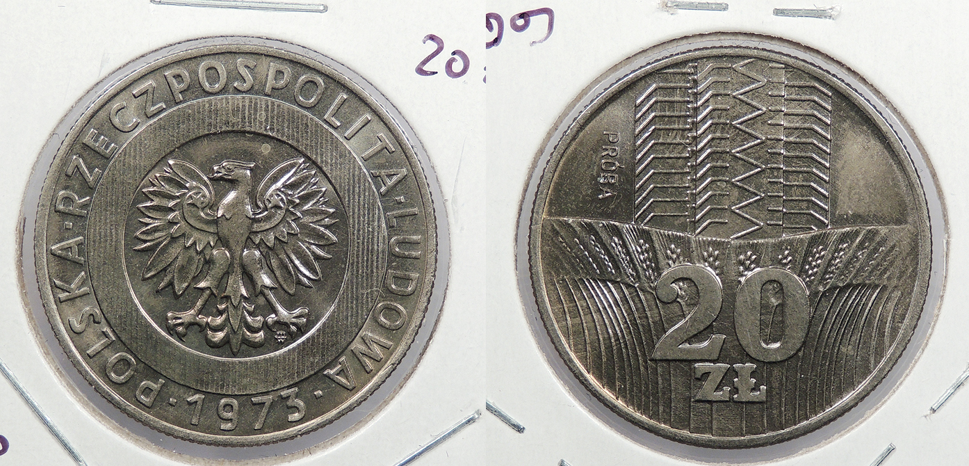 POLAND: 1973 PROBA w/ reeded edge 20 Zlotych | European Coins