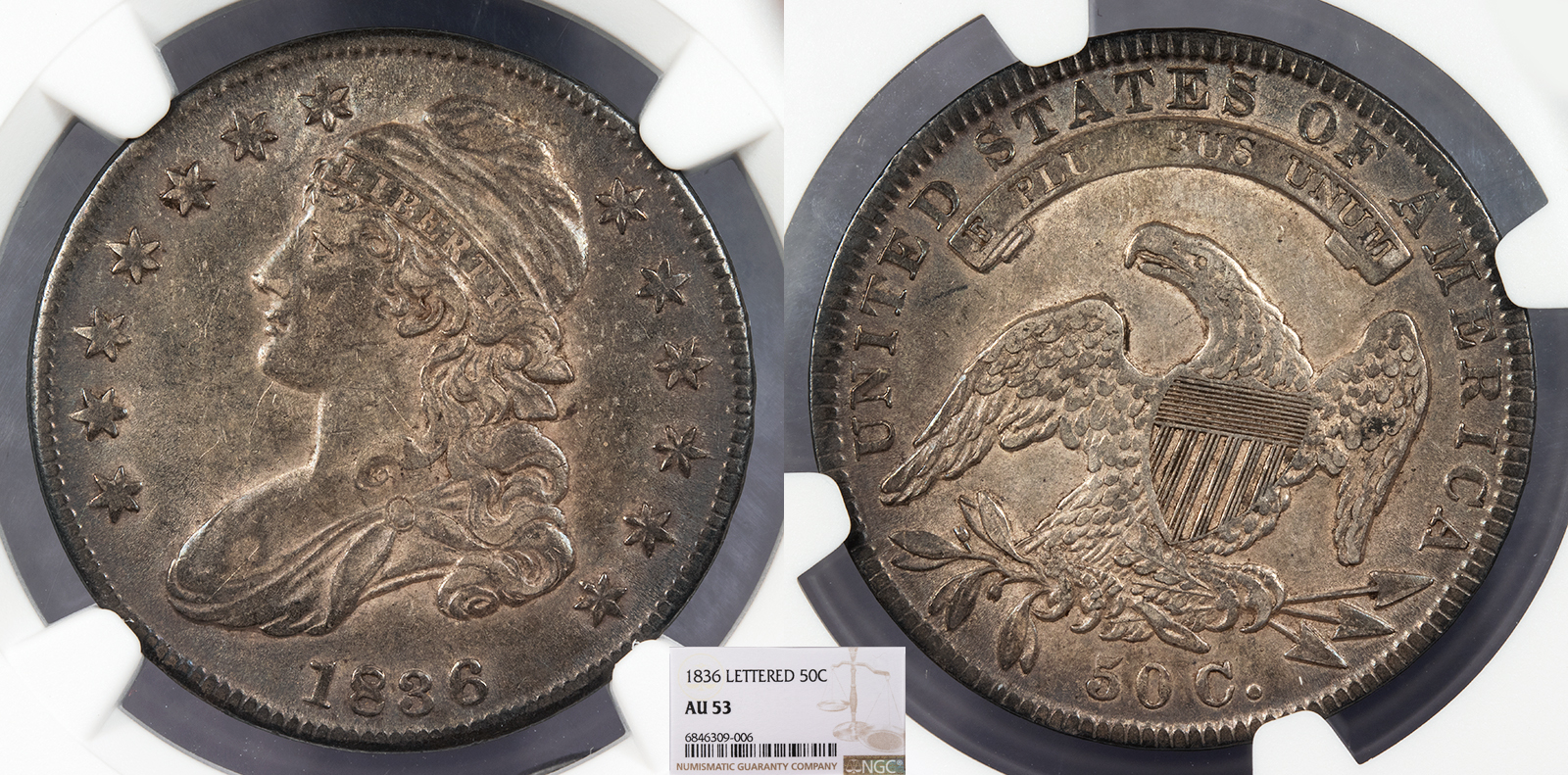 1836 Capped Bust 50 Cents (Half Dollar) Lettered edge; O-115 NGC AU-53