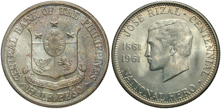 PHILIPPINES: 1961 100th Anniversary Birth of Dr. Jose Rizal 1/2 Peso
