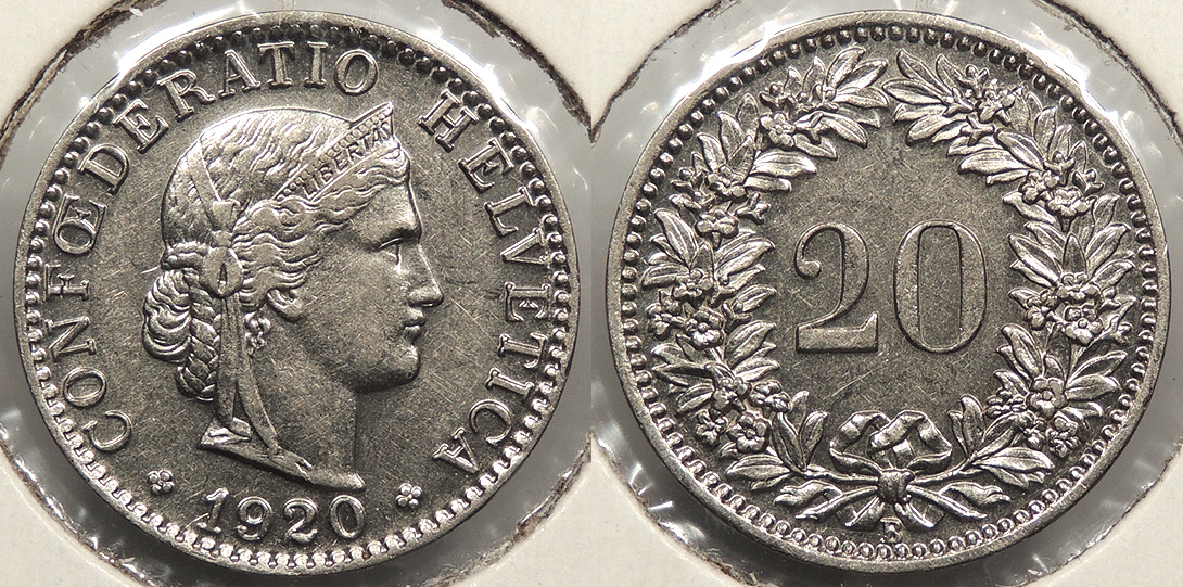 SWITZERLAND: 1920 20 Rappen | European Coins