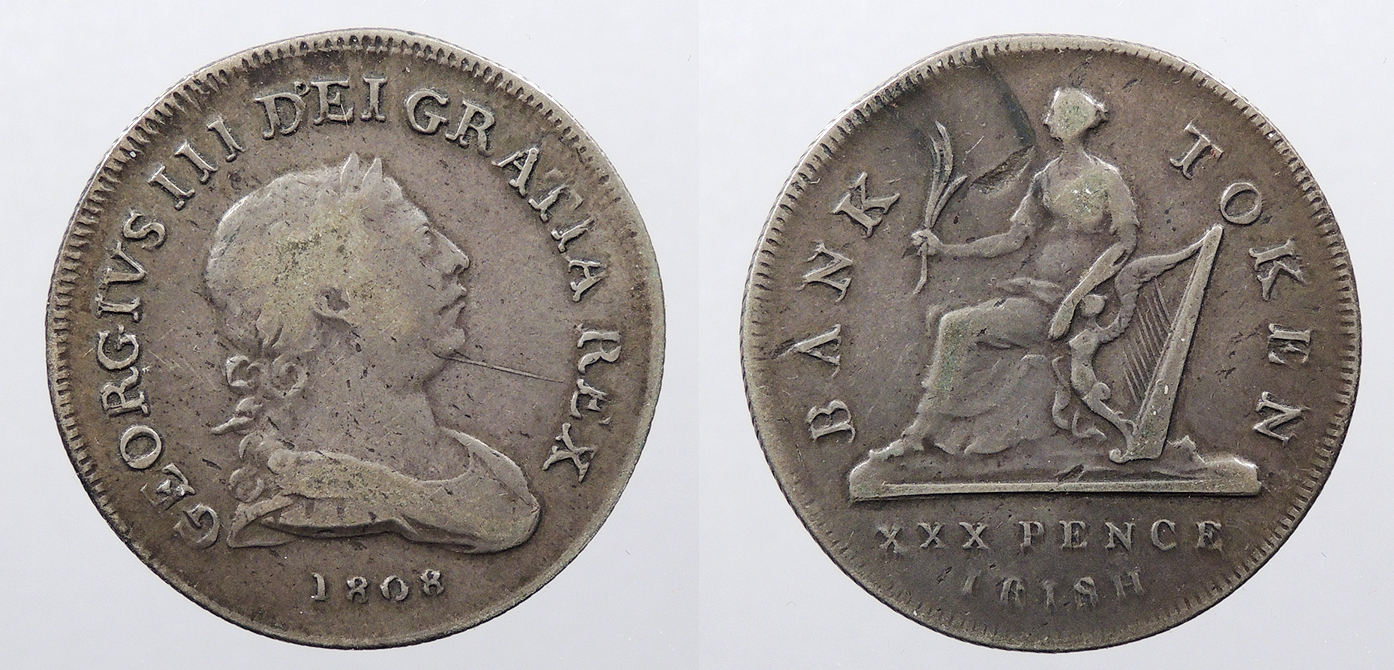 IRELAND: 1808 Bank tokem; HArp points to 'O' 30 Pence Irish | European ...