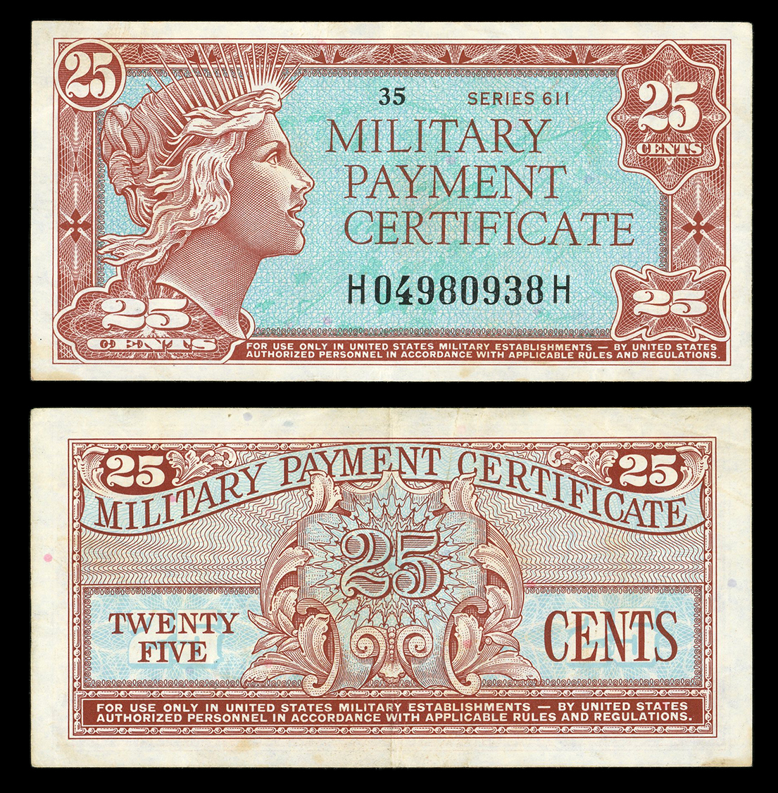 Military payment certificate (MPC) Series 611 US Army ND (1964) 25 ...