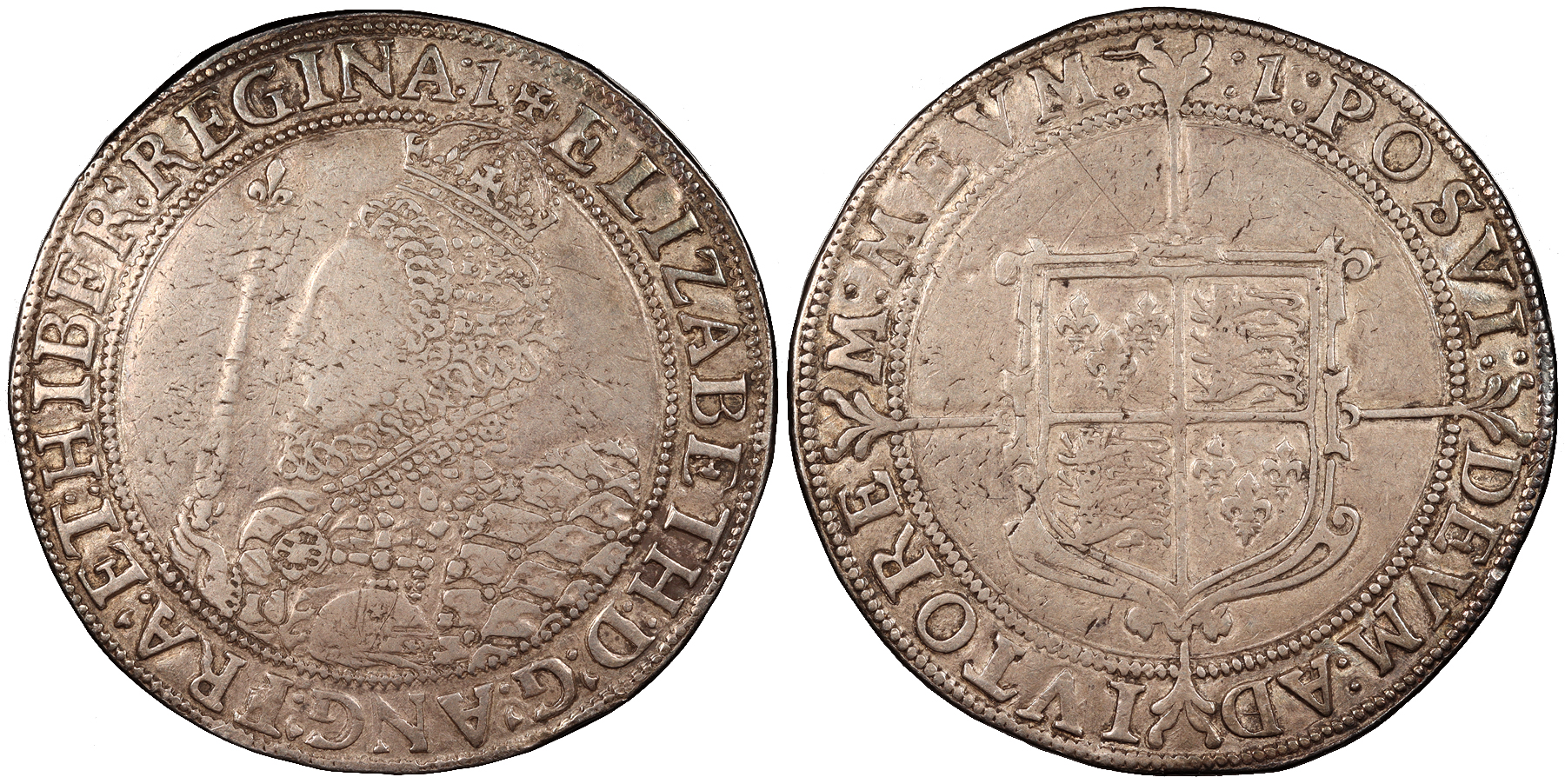 ENGLAND Elizabeth I 1558-1603 Crown Seventh issue. '1'; 1601-1602 VF