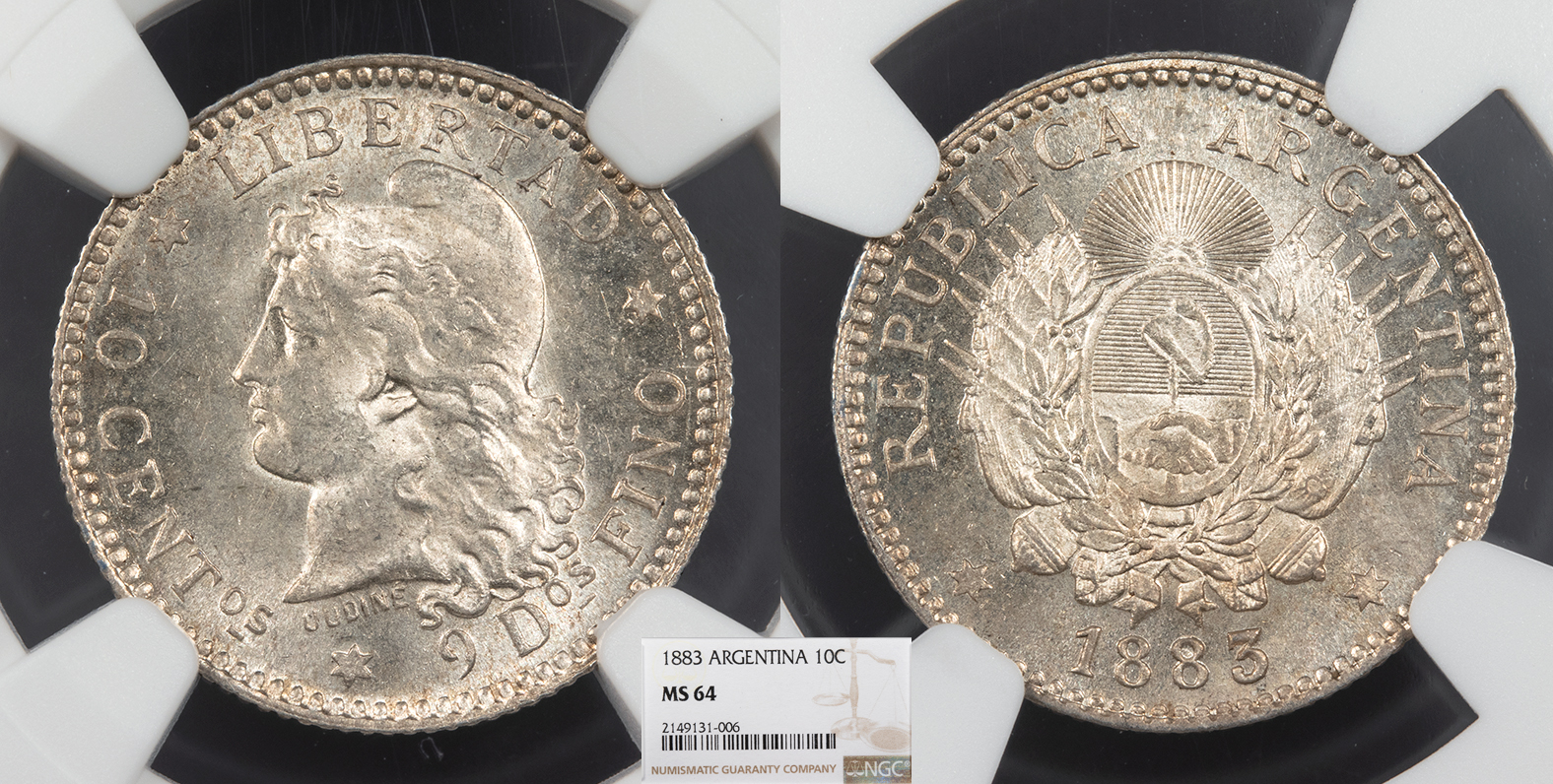 ARGENTINA 1883 10 Centavos NGC MS-64 | South American Coins