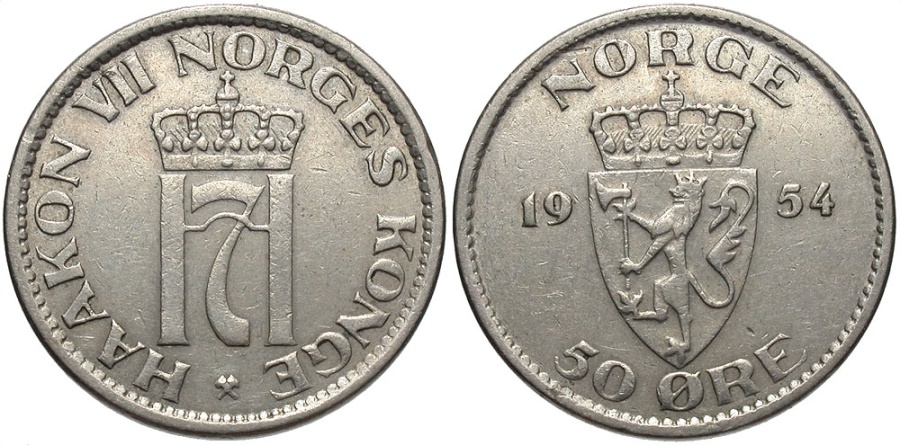 NORWAY: 1954 50 Ore | European Coins