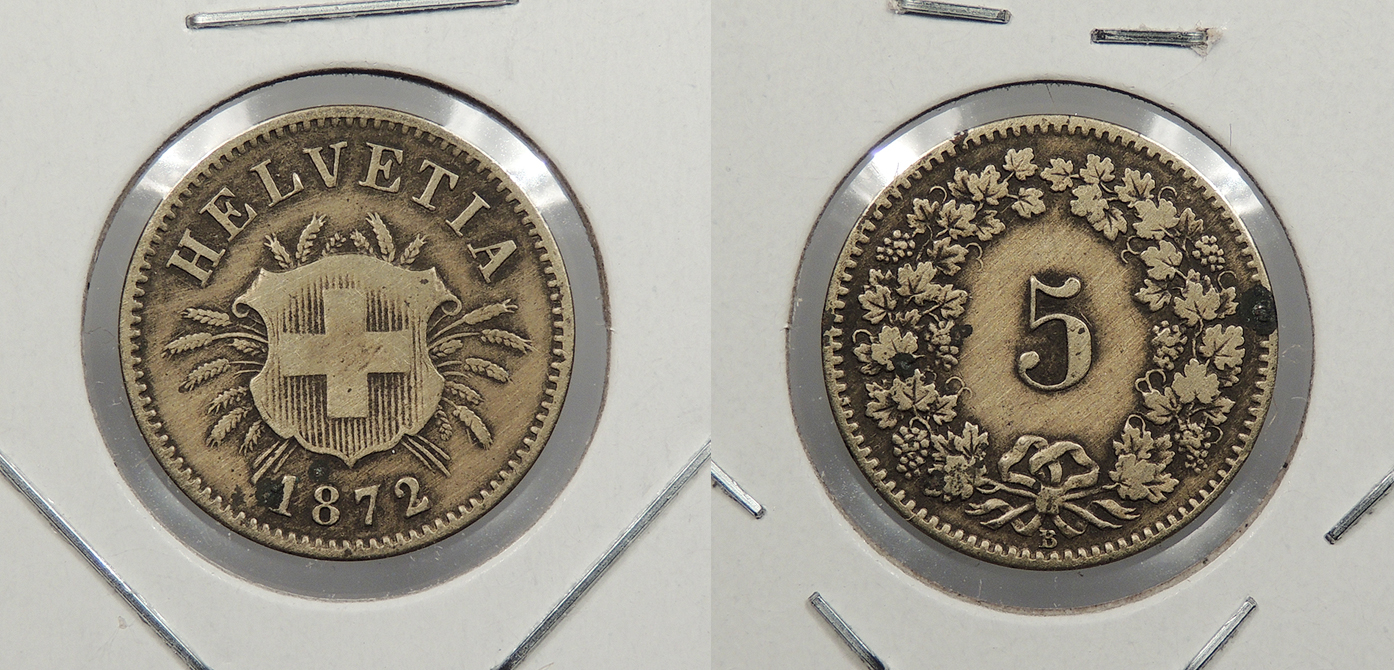SWITZERLAND: 1872 5 Rappen | European Coins