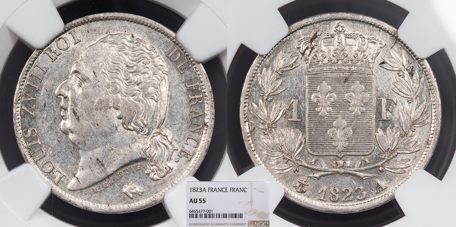 FRANCE Louis XVIII 1823-A Franc NGC AU-55 | European Coins