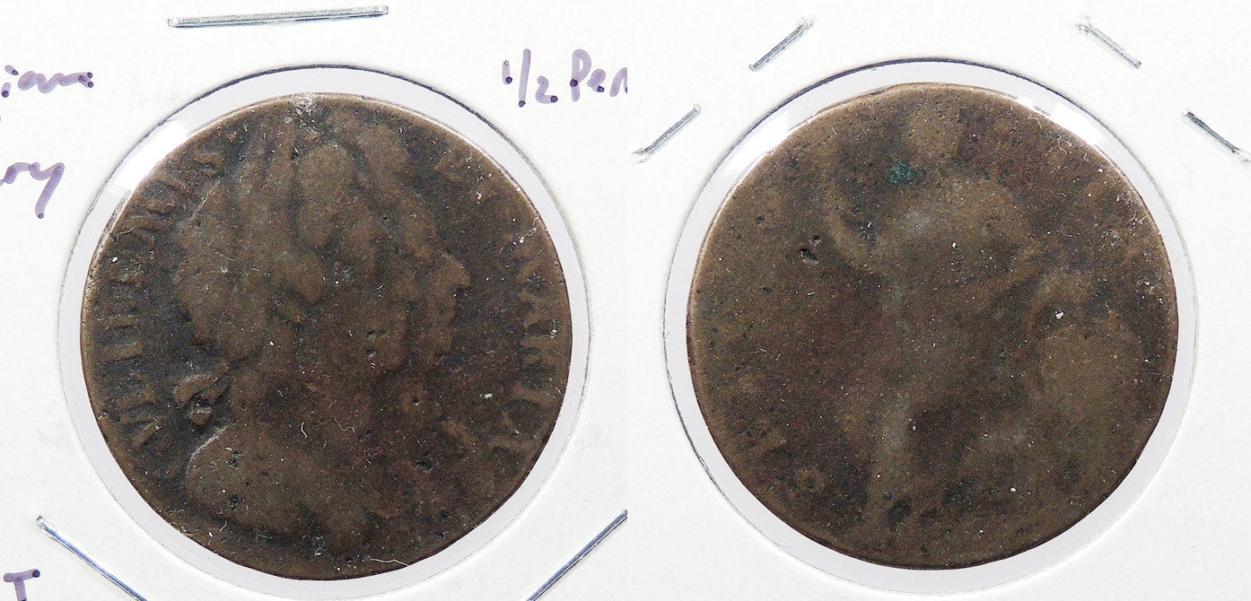 ENGLAND: 1694 William & Mary; 1YT Halfpenny (1/2 penny) | European Coins