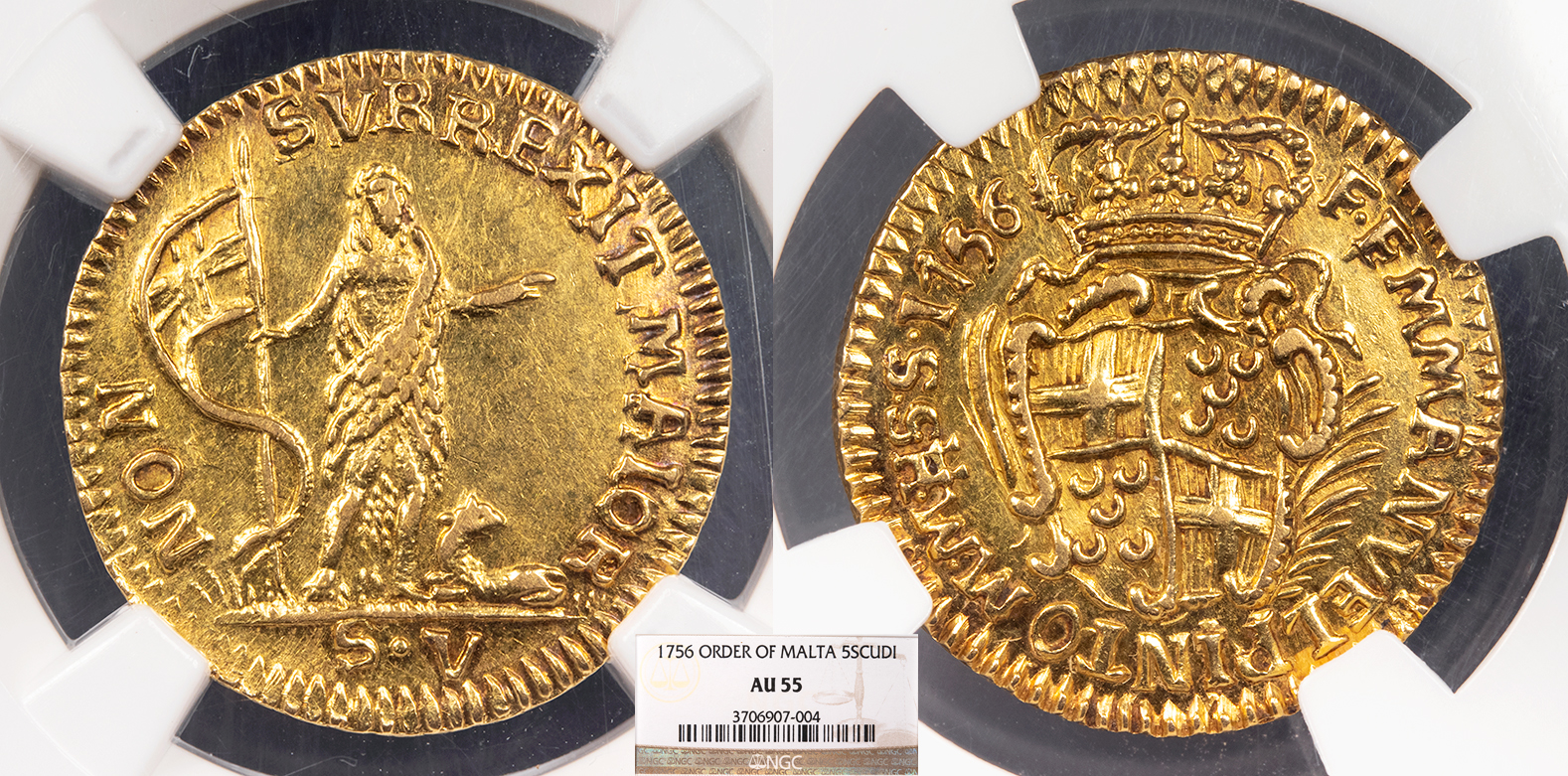 MALTA Order of Malta Emanuele Pinto 1756 5 Scudi NGC AU-55 | European Coins