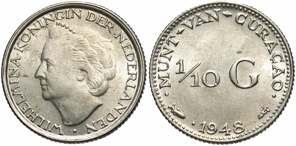 CURACAO (CURAÇAO): 1948 1/10 Gulden | South American Coins