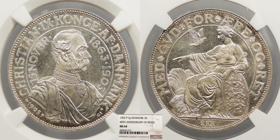 DENMARK Christian IX 1903 2 Kroner NGC MS-64 | European Coins