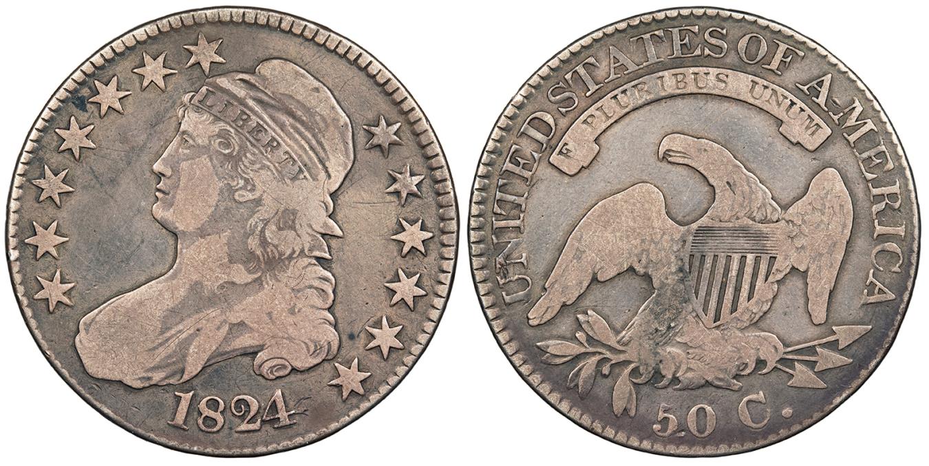 1824 Capped Bust 50 Cents (Half Dollar) O-113 EDS; Die line in '2'.