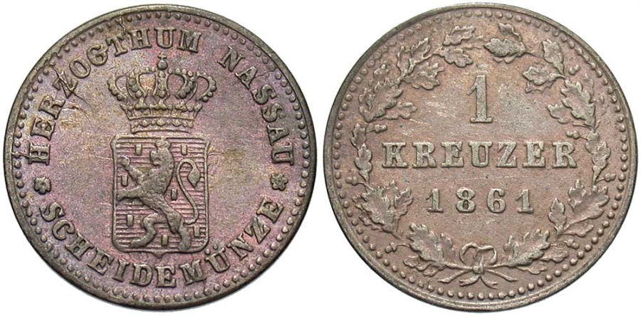 GERMAN STATES: Nassau 1861 1 Kreuzer | European Coins