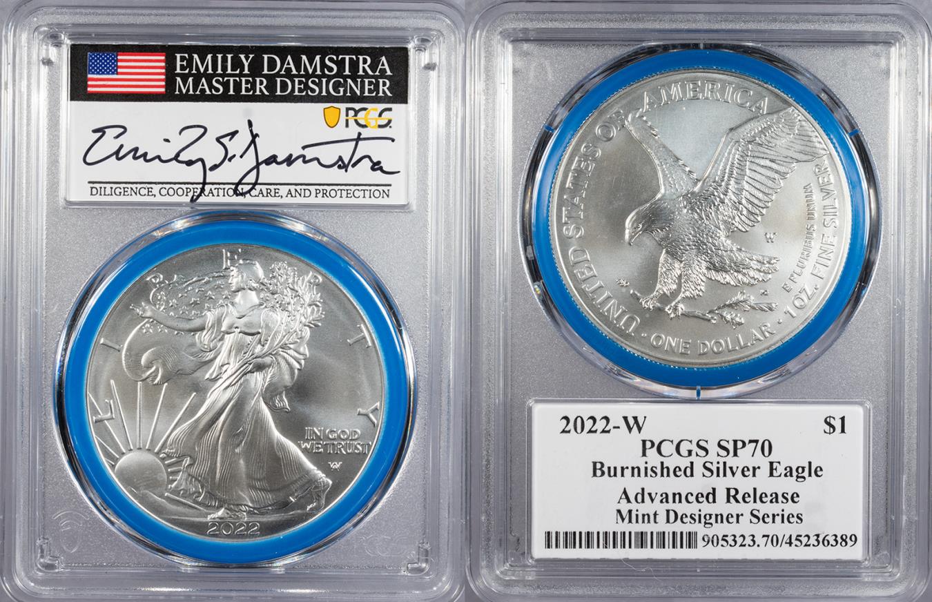 2022-W Burnished Silver Eagle 1 Dollar (Silver) Advanced Release; Mint Designer Series PCGS SP-70